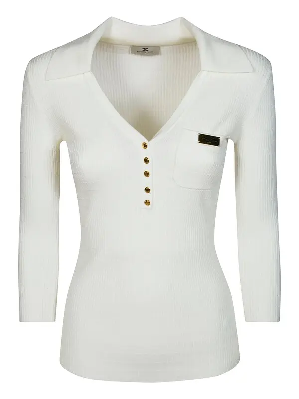 Elisabetta Franchi Ribbed Knit Polo Sweater With Gold-tone Buttons - Beige