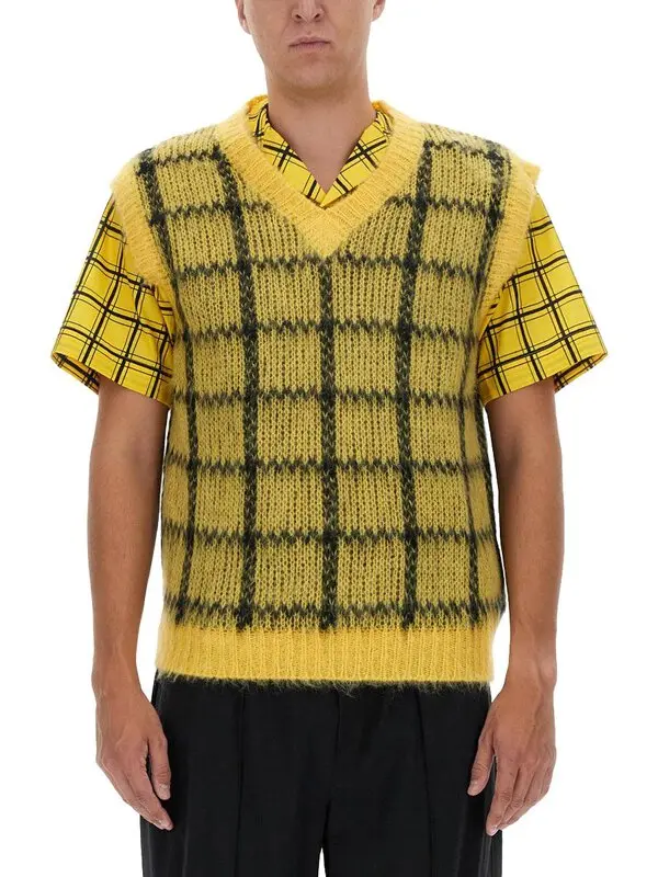 Marni V-neck Plaid Knit Vest - Yellow