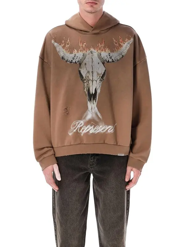 REPRESENT Graphic Skull Print Oversized Hoodie - Dusty Brown