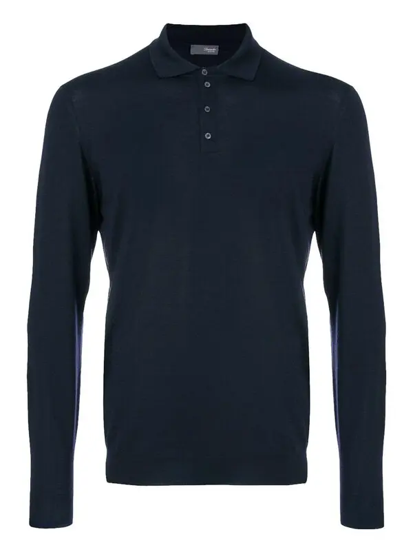 DRUMOHR Merino Wool Long Sleeve Polo Sweater - Blue