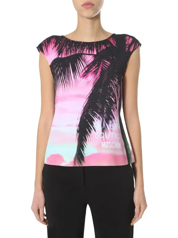 Moschino Sleeveless Round Neck Palm Tree Print Top - Black