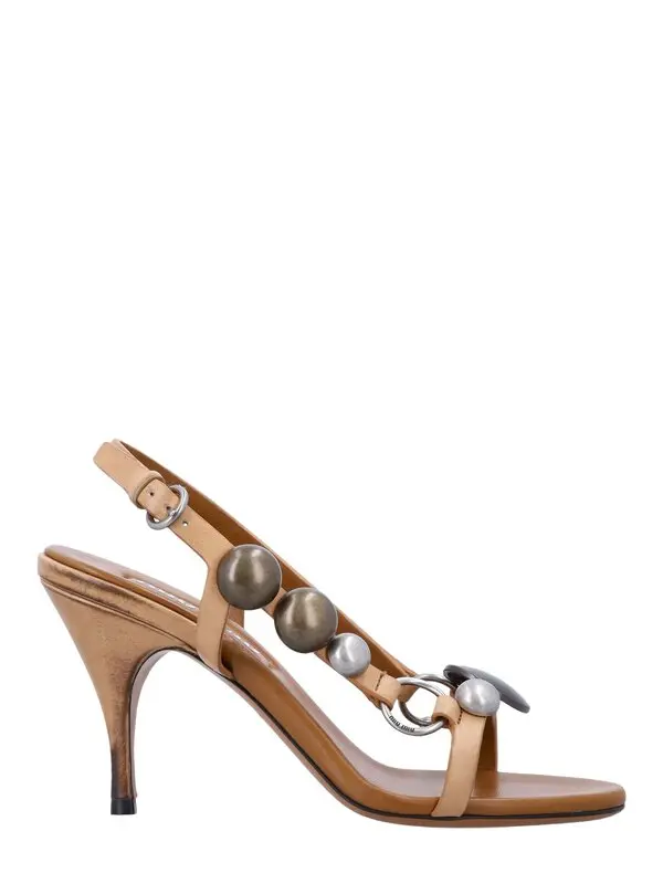 Miu Miu Embellished Leather Sandals With Buckle Ankle Strap - Honey