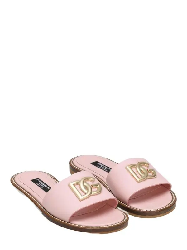 Dolce & Gabbana Nappa Leather Flat Slippers With Gold Tone Dg Embellishment - Pink