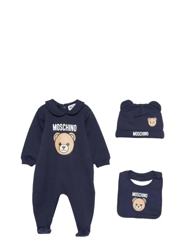 Moschino Teddy Bear Print Bodysuit, Hat, And Bib Set - Blue