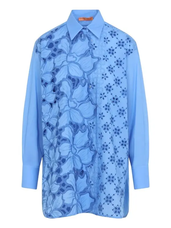 Ermanno Scervino Cotton Shirt With Floral Applique - Blue