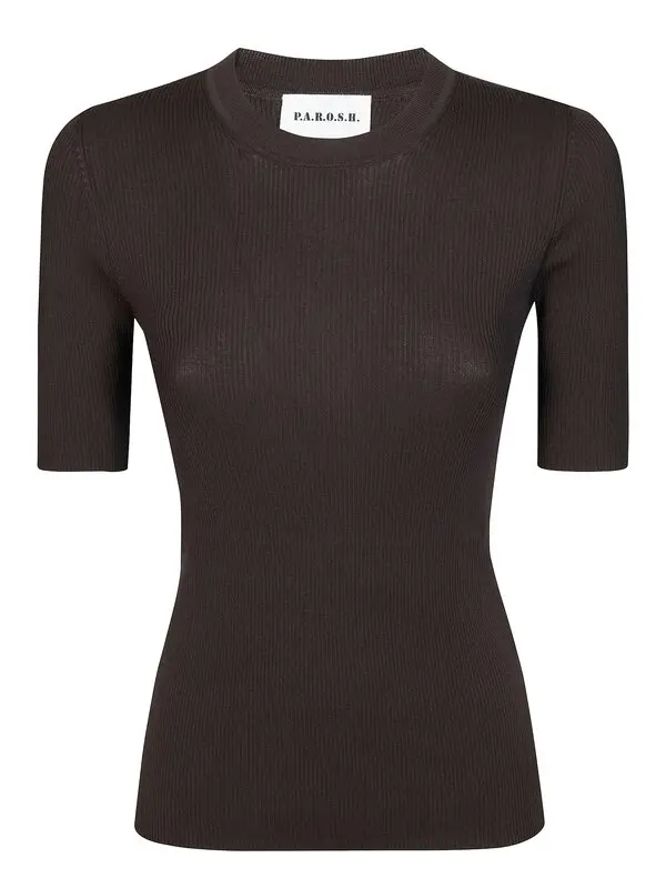 PAROSH Short Sleeve Textured Knit Sweater - Marrone