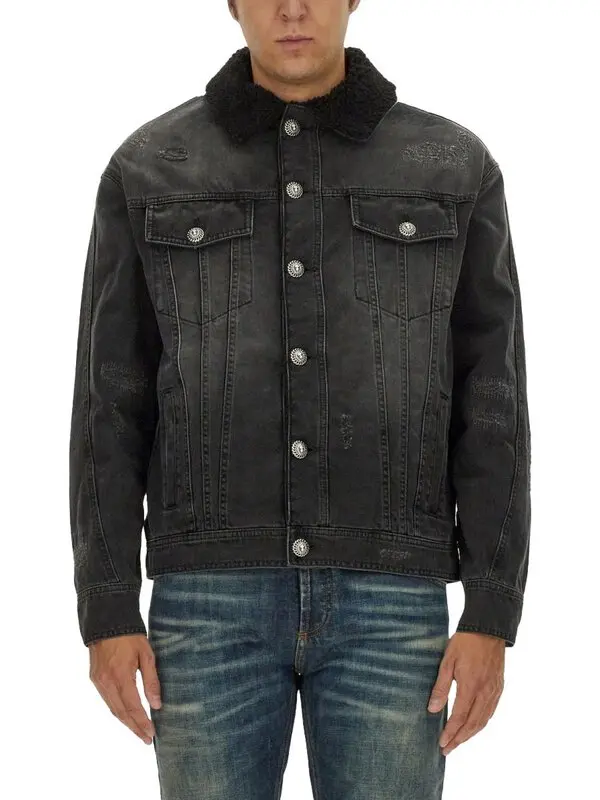 Balmain Distressed Denim Jacket With Sherpa Collar - Black