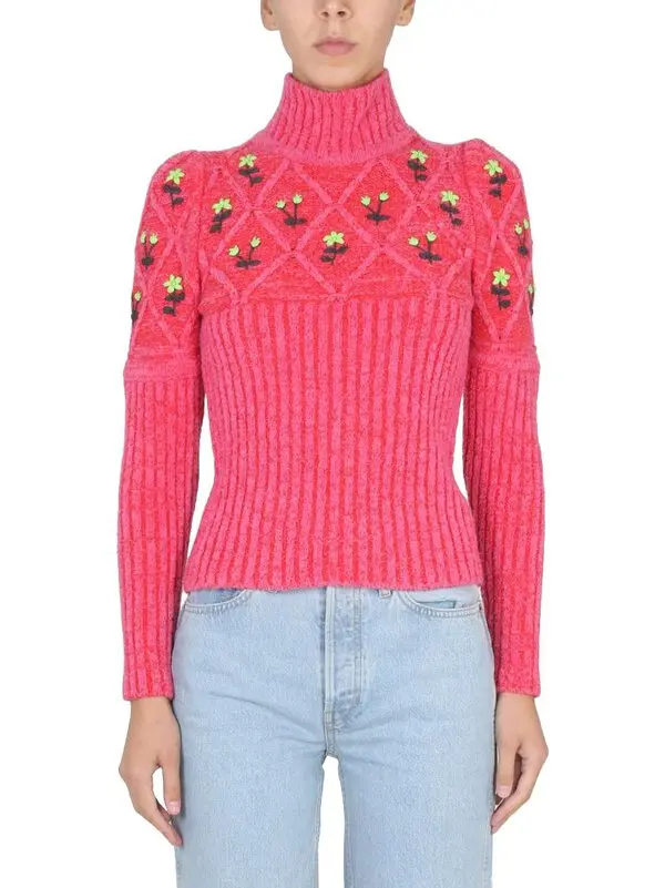 CORMIO Flower Embroidered High Neck Knit - Red