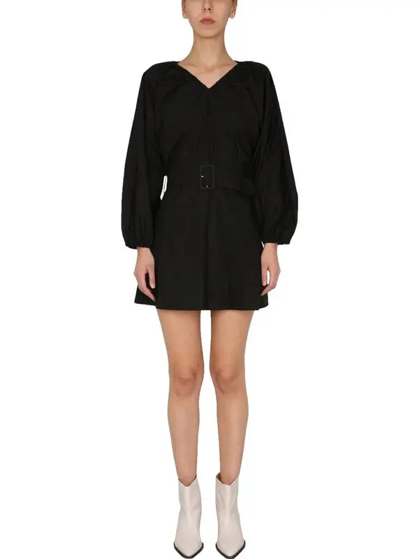 PATOU V-neck Mini Dress With Balloon Sleeves And Belted Waist - Black