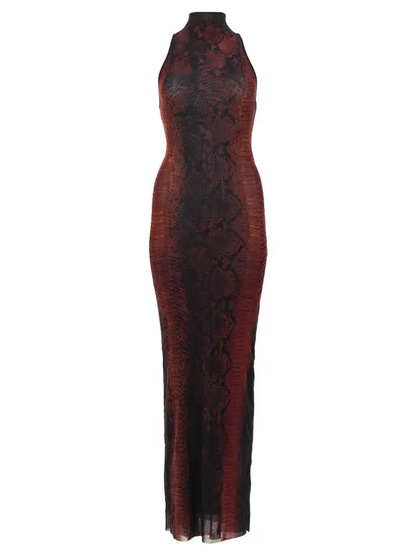 JEAN PAUL GAULTIER High Neck Snake Print Maxi Dress - Brown