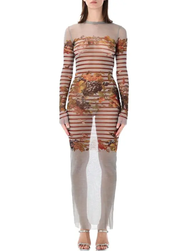 JEAN PAUL GAULTIER Long Sleeve Graphic Print Sheer Mesh Maxi Dress - Light Blue Multi