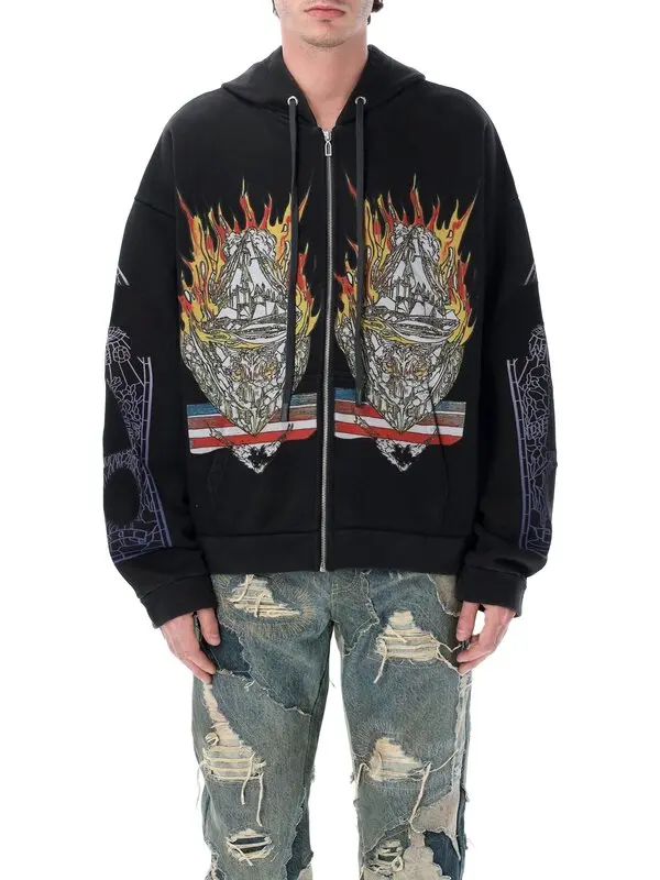 WHO DECIDES WAR Graphic Zip-up Hoodie With Rhinestone Embellishment - Coal