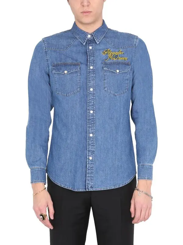 Alexander McQueen Shirt With Embroidered Logo - Blue