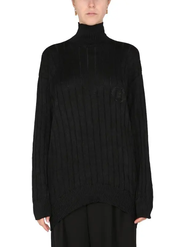Balenciaga Oversized Ribbed Silk Knit Mock Neck Pullover - Black
