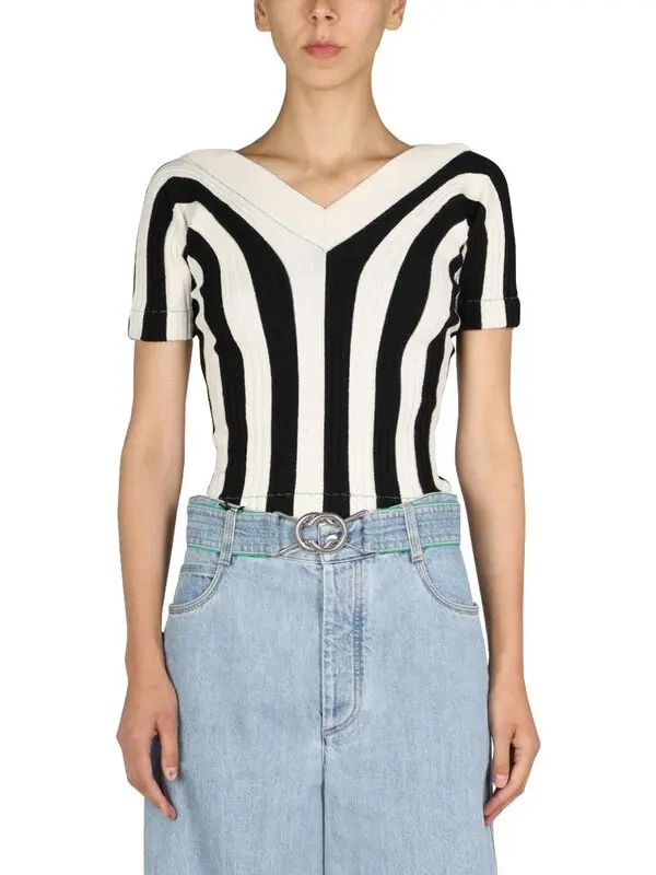 Bottega Veneta Ribbed Striped V-neck Sweater - Black