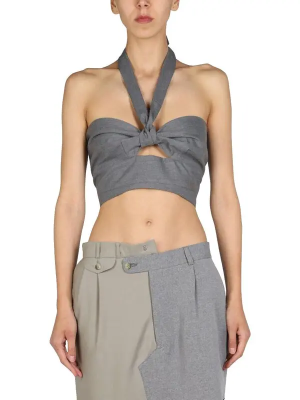 1/OFF PARIS Halter Neck Cropped Top With Front Knot Detail - Grey