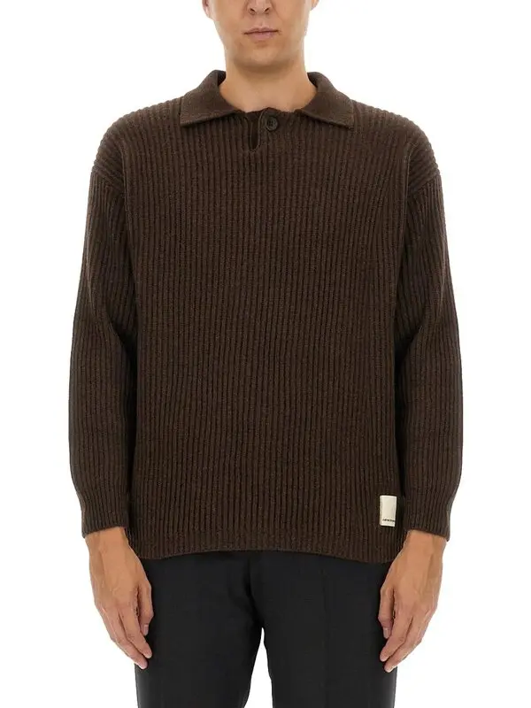 Emporio Armani Ribbed Wool Blend Polo Sweater - Brown