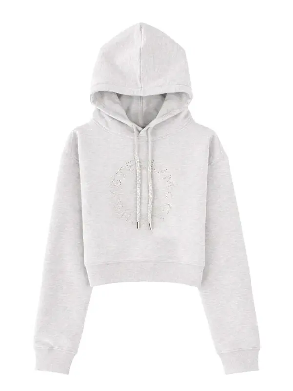 Stella McCartney Cropped Hoodie Sweatshirt With Rhinestone Logo - Grey