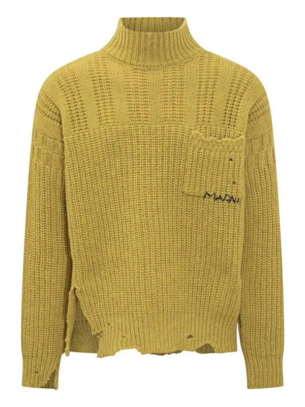 Marni High Neck Distressed Wool Pullover Sweater - Giallo
