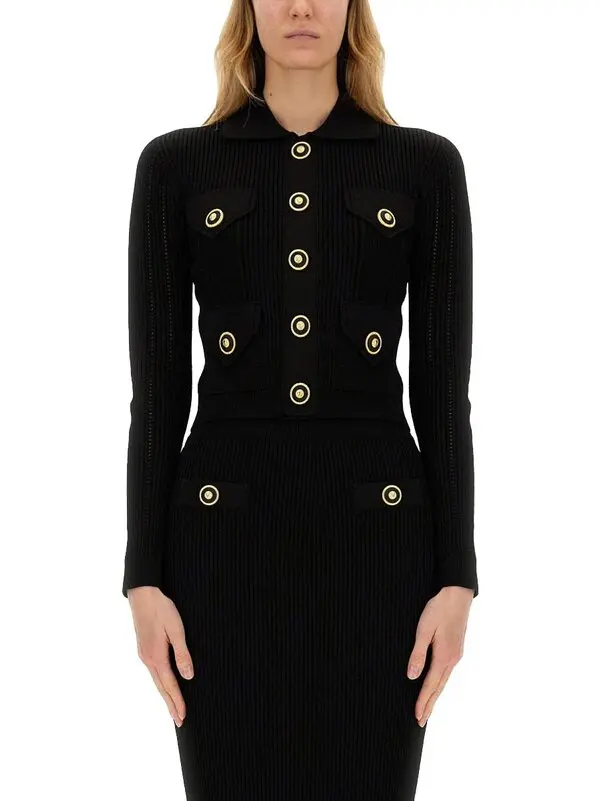 Balmain Cropped Ribbed Knit Cardigan With Openwork Details - Black