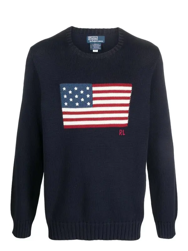 Ralph Lauren Classic American Flag Graphic Crewneck Sweater - Navy
