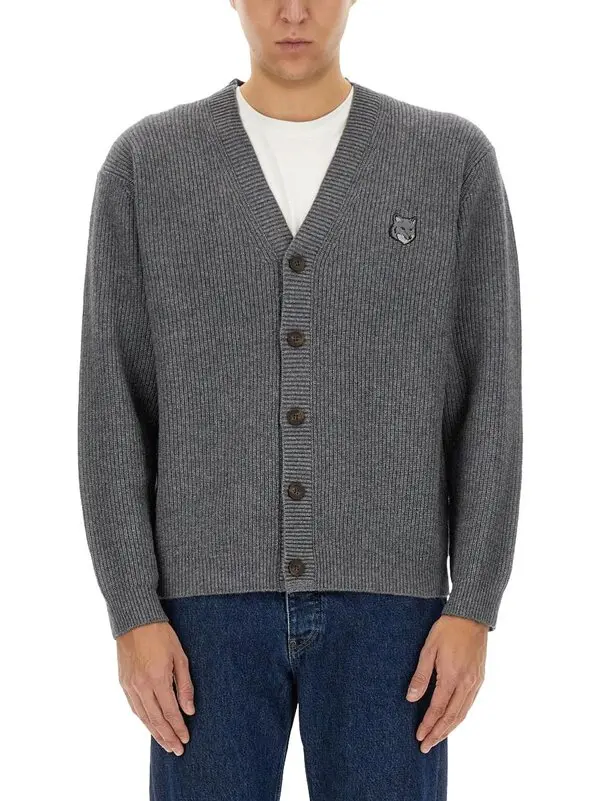 Maison Kitsuné Bold Fox Head Ribbed Cardigan - Grey