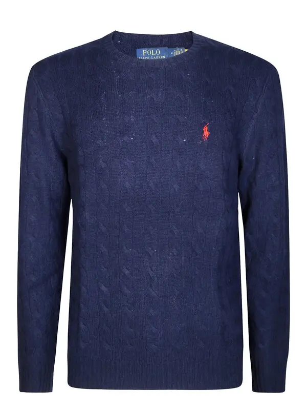 Polo Ralph Lauren Crew Neck Cable Knit Sweater With Embroidered Logo - Blu