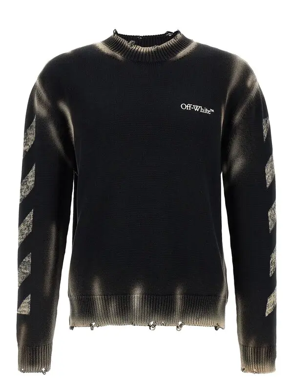 Off-White Distressed Knit Crewneck Sweater - Black