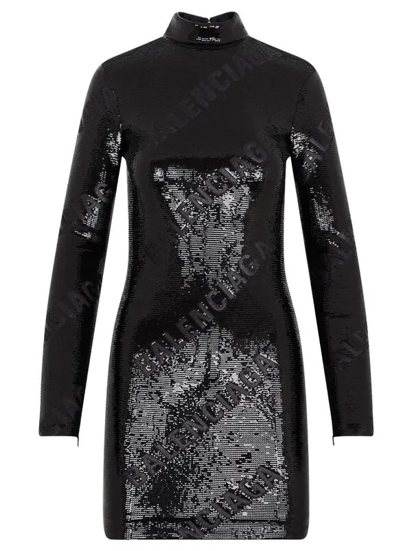 Balenciaga Sequined Turtleneck Mini Dress - Black