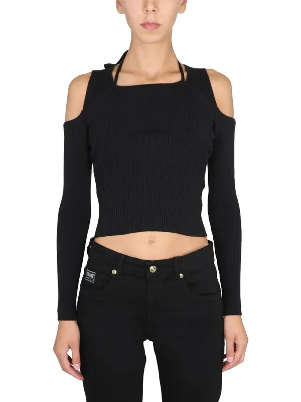 Versace Square Neck Cold Shoulder Ribbed Knit Top - Black