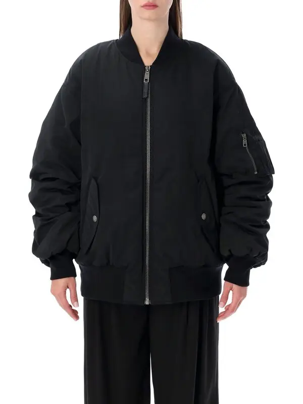 Dolce & Gabbana Padded Technical Fabric Bomber Jacket With Ruched Sleeves - Black