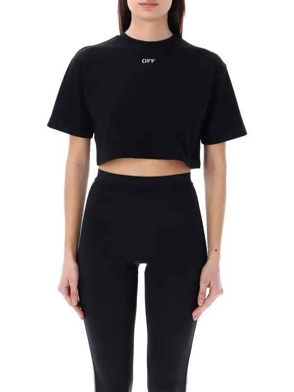 Off-White Ribbed Cropped T-shirt With Embroidered Logo - Black