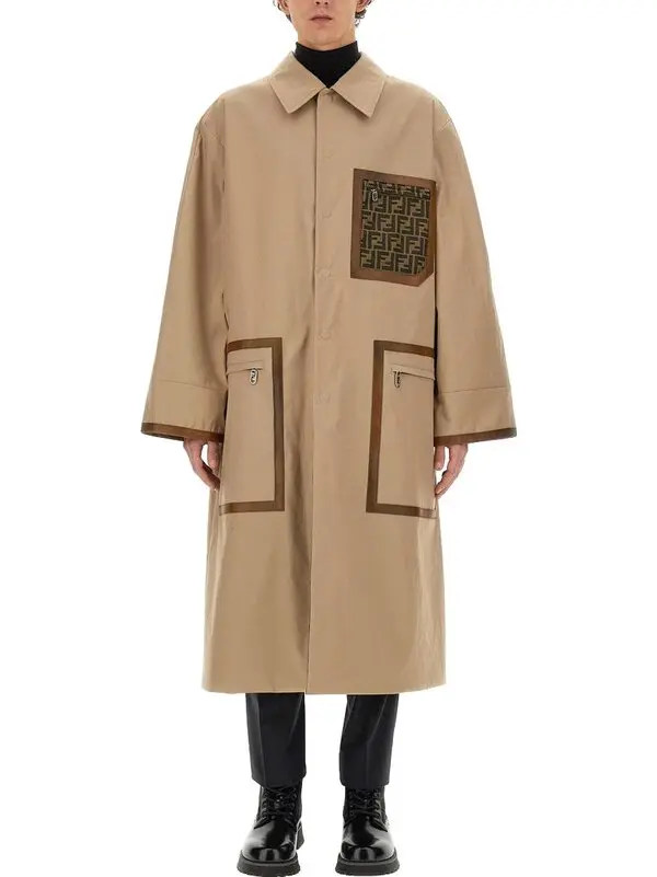 Fendi Classic Cotton Trench Coat With Logo Detail - Beige