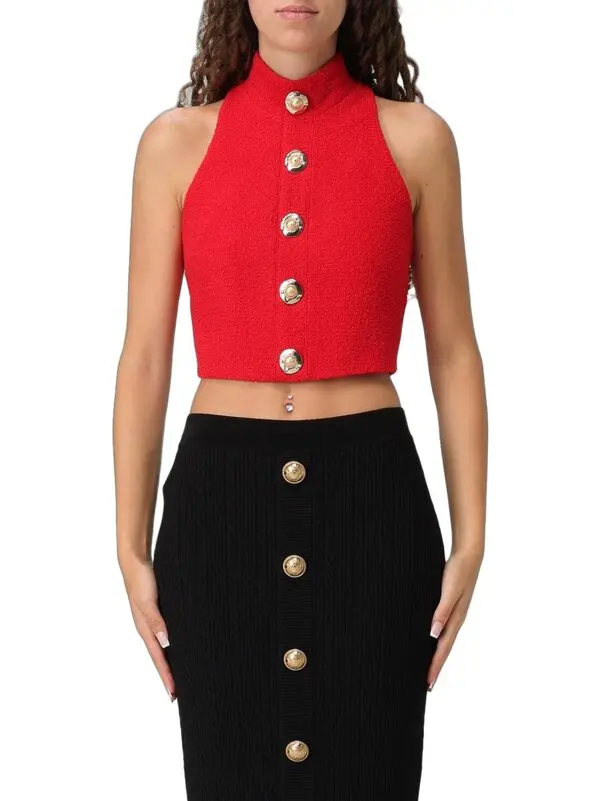 Balmain High-neck Button-detail Top - Red
