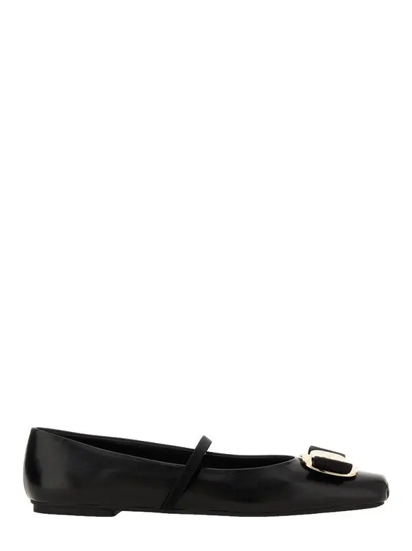 FERRAGAMO Leather Ballerina Flats With Buckle Detail - Black