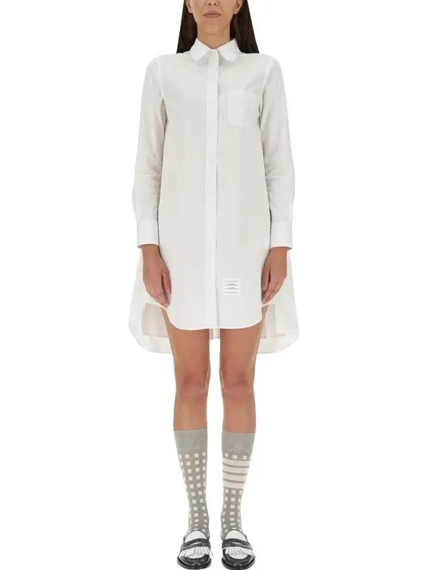 Thom Browne Solid Poplin Shirt Dress With Pleated Back - White