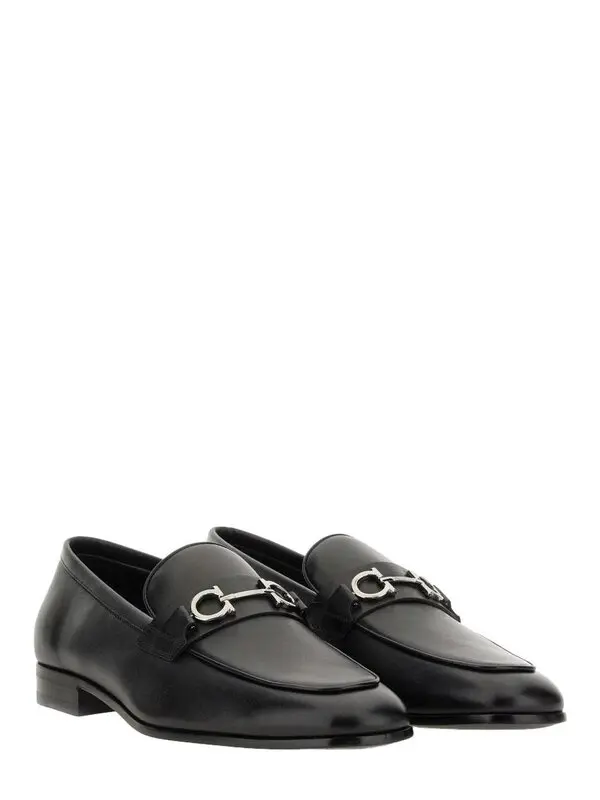FERRAGAMO Leather Moccasins With Gancini Ornament - Black