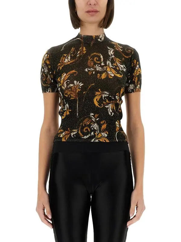 Versace Cropped Knit T-shirt With Baroque Print - Black