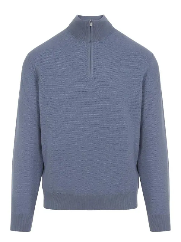 Ralph Lauren Purple Label Piqué-knit Wool Quarter-zip Sweater - Blue