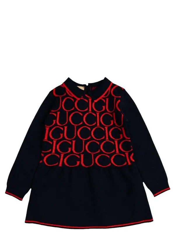 Gucci Logo Jacquard Long Sleeve Dress - Red