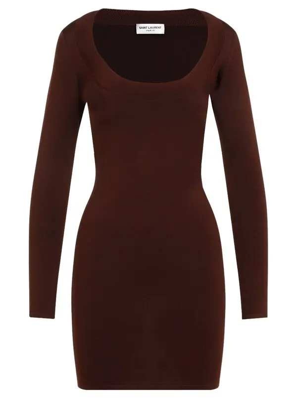 Saint Laurent Long Sleeve Knitted Mini Dress - Brown
