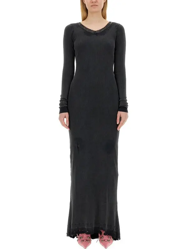 Balenciaga Distressed Lace-trim Long Sleeve Maxi Dress - Black