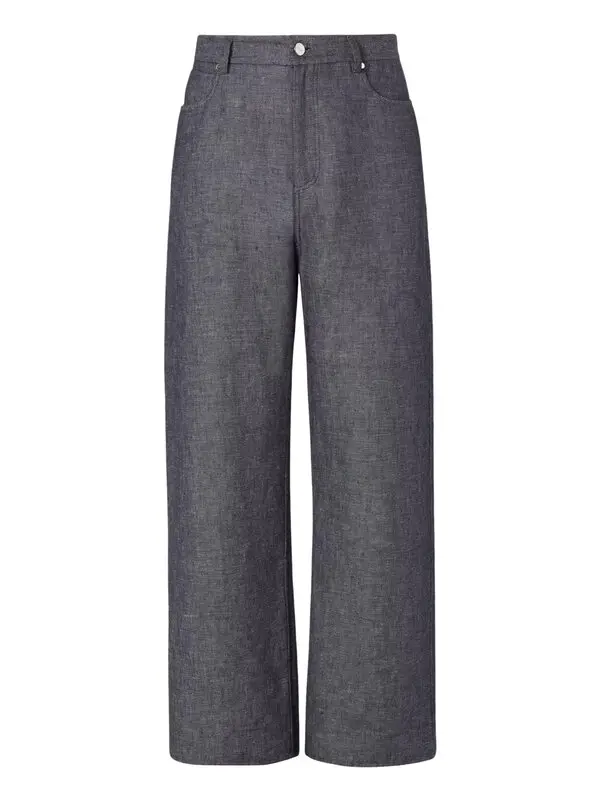 Fendi Wide Leg Linen Cotton Silk Blend Pants - Navy
