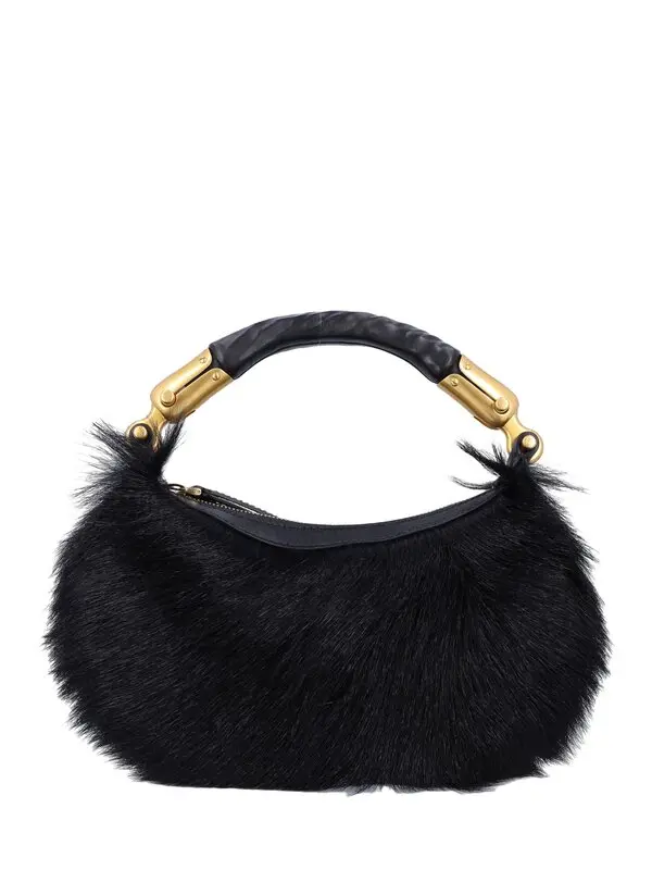 Balmain Genuine Fur Handbag With Leather Handle - Black