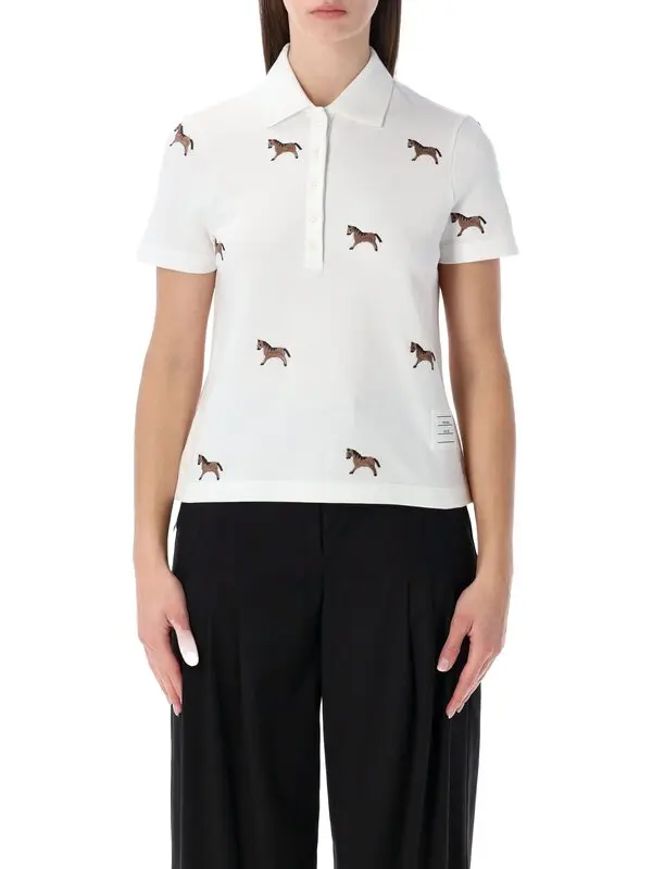 Thom Browne Short Sleeve Horse Embroidered Polo Shirt - White