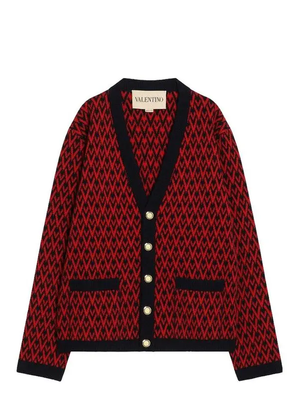 Valentino Garavani Virgin Wool Jacquard Cardigan - Red