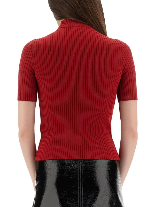 COURREGES Rib Knit High Neck Short Sleeve Sweater - Red