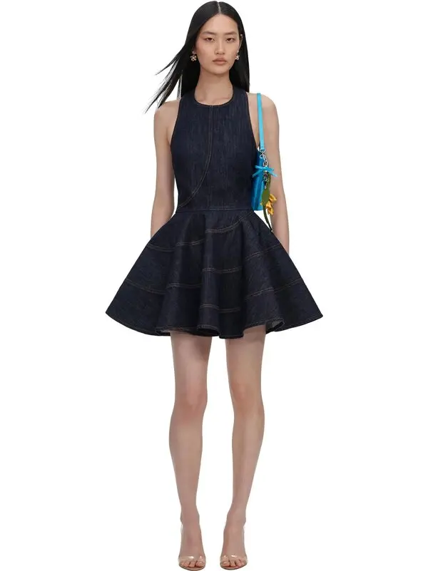 SELF-PORTRAIT Backless Mini Skater Dress With Exposed Zip Closure - Blu