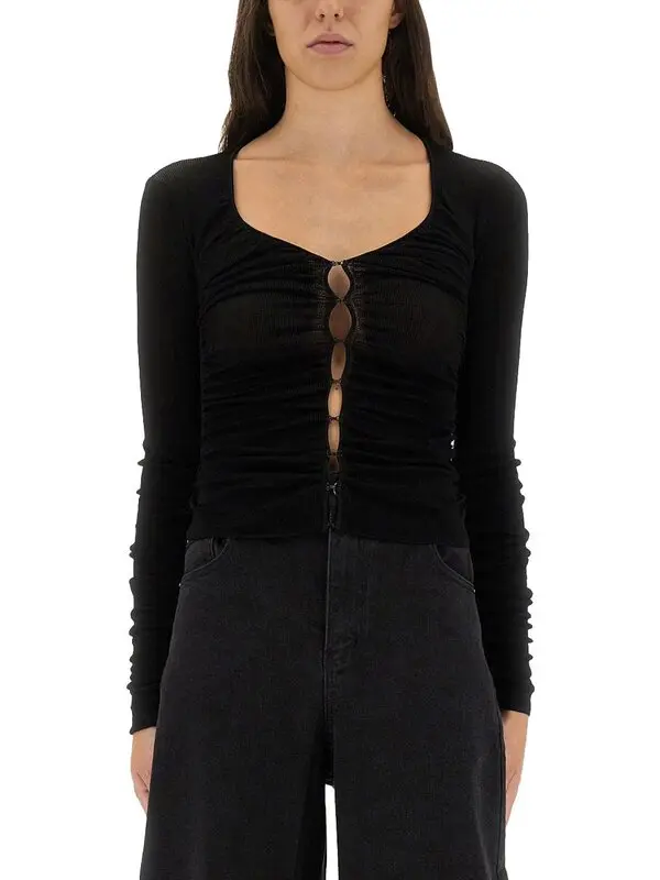 SELF-PORTRAIT Viscose Knit Top With Gathered Detail - Black