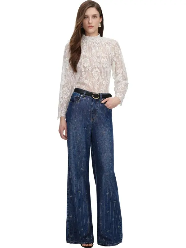 SELF-PORTRAIT High Waist Embellished Wide Leg Jeans - Blu